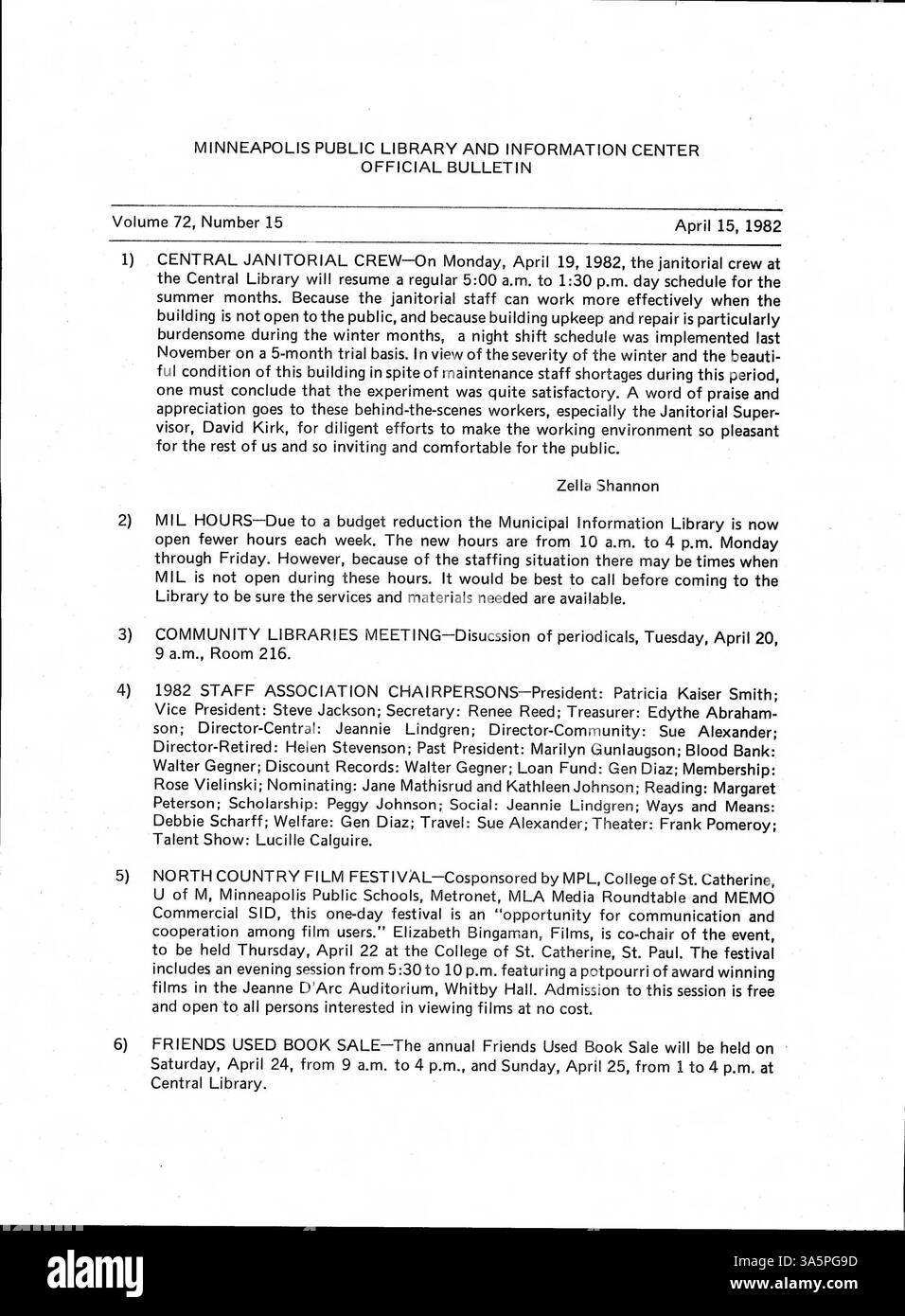 A 1982 weekly bulletin for employees of the Minneapolis Public Library ...