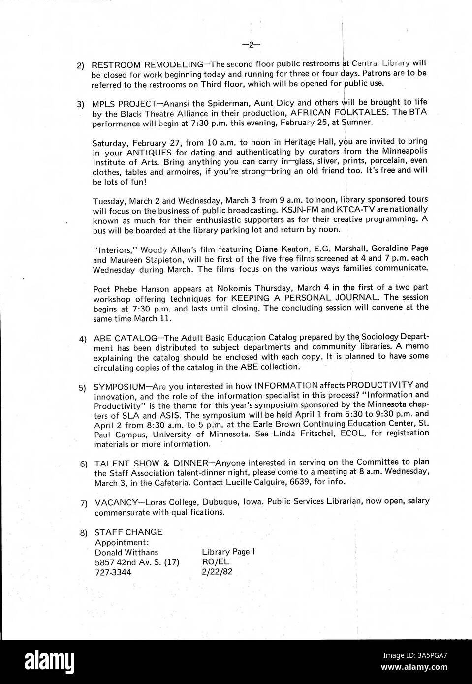 The official 1982 weekly bulletin for Minneapolis Public Library employees, offering important ...