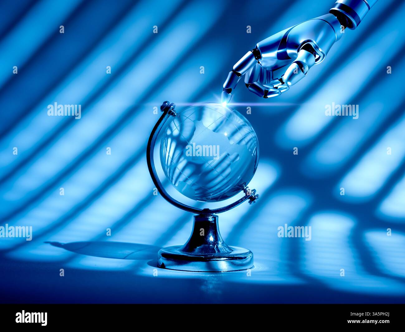 Robot hand pointing on small crystal glass earth globe on blue ...