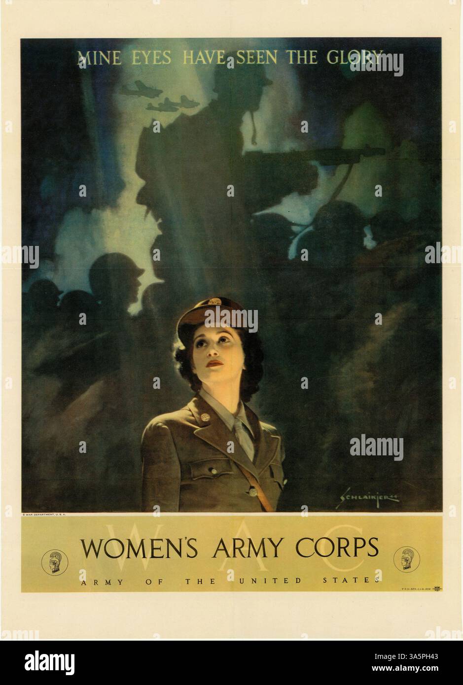 This image shows a Women's Army Corps soldier in uniform, looking up ...