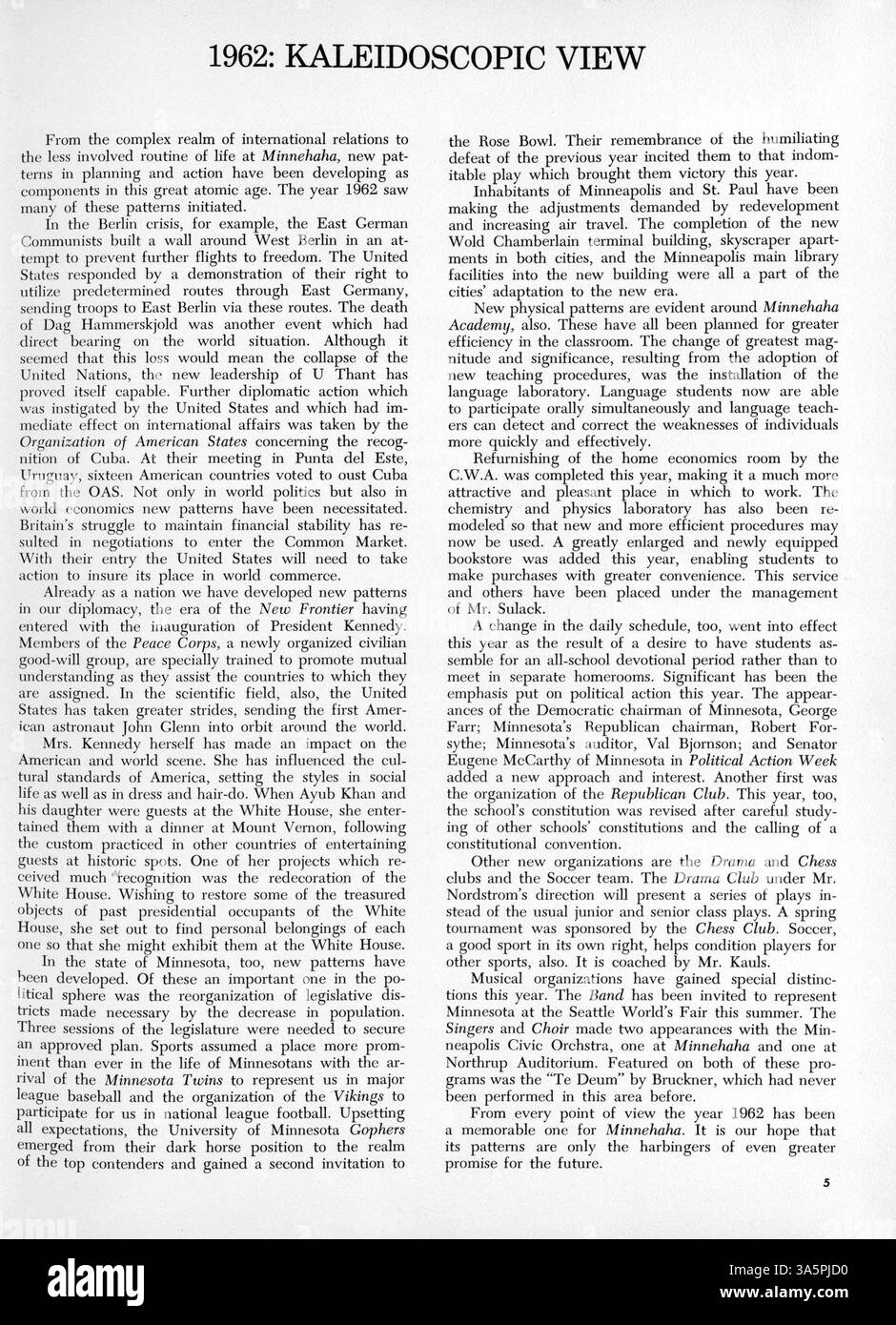 This 1962 'Antler' yearbook from Minnehaha Academy highlights students, teachers, athletics, and ...