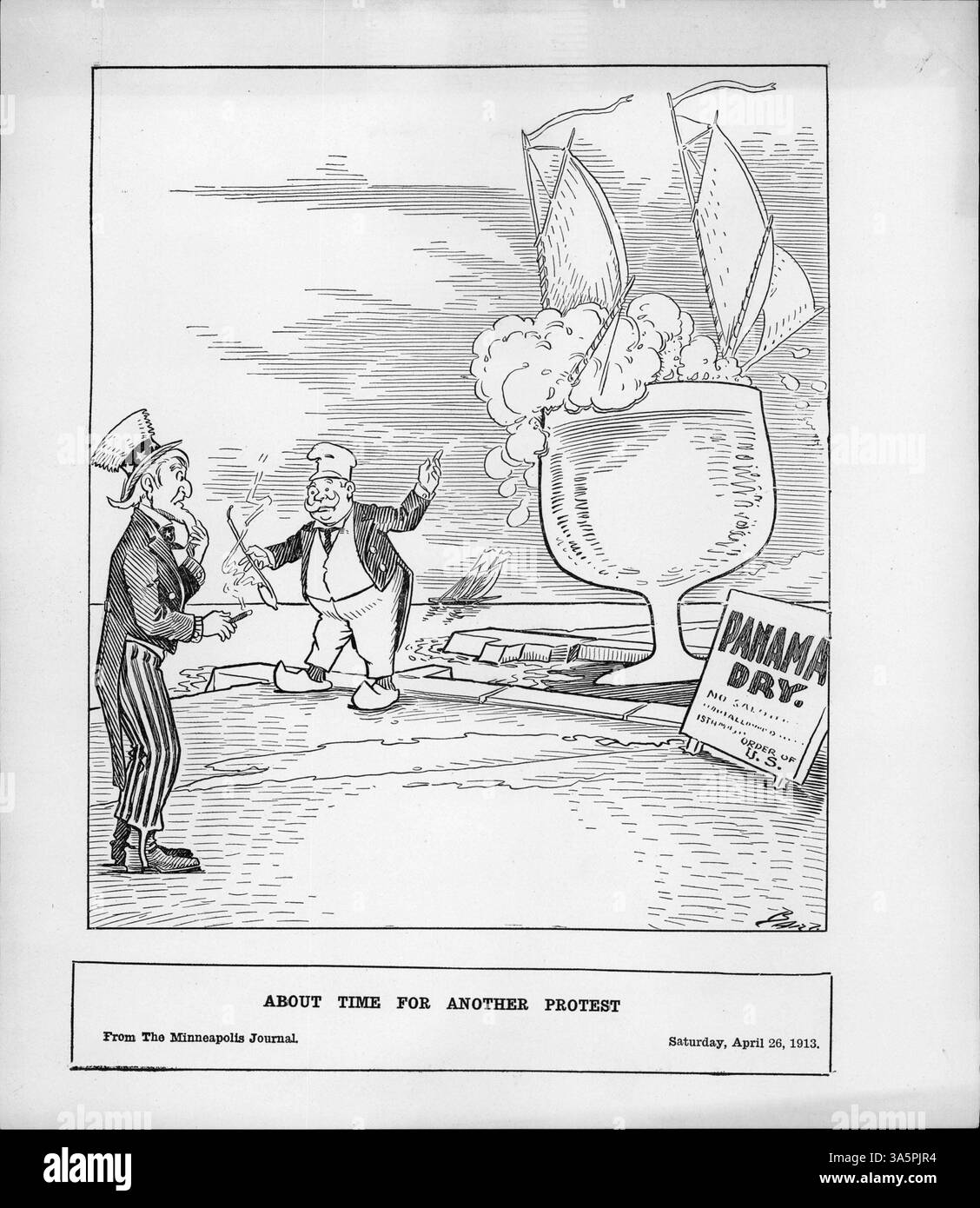 A political cartoon depicts Uncle Sam observing the Panama Canal, where ...