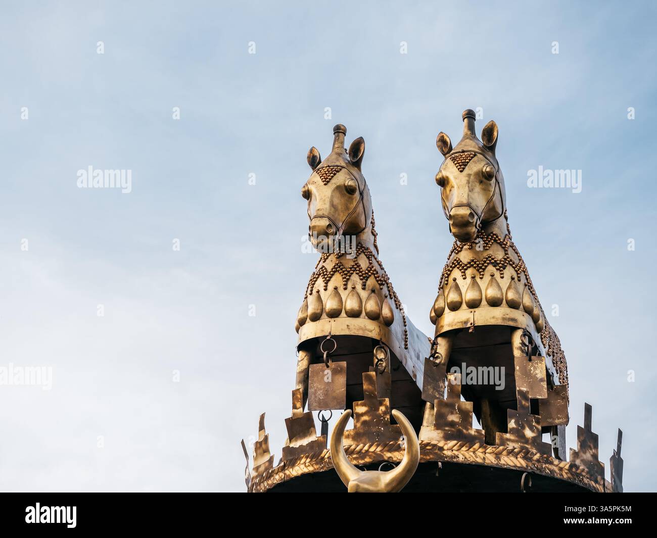 Scene of the twin horse on top of Colchis Fountain with golden statues ...