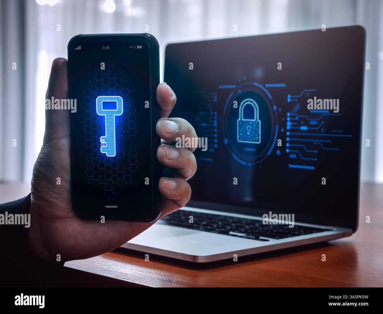 Multi factor authentication or 2FA concept. Digital key icon on smartphone screen in man hand ...