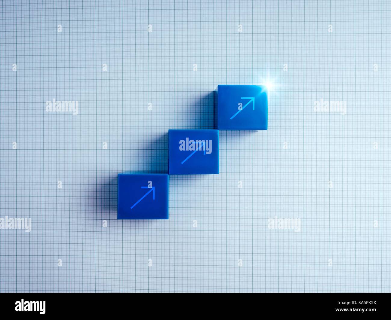 Rise up arrows on blue cube blocks as 3d bar graph chart steps on grid ...