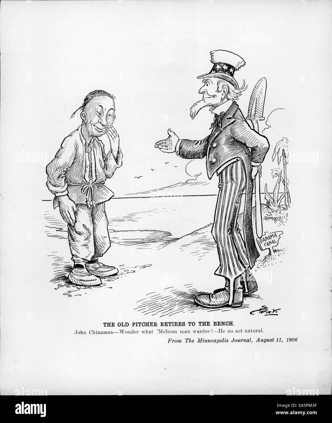 A political cartoon depicting Uncle Sam with a shovel behind his back ...