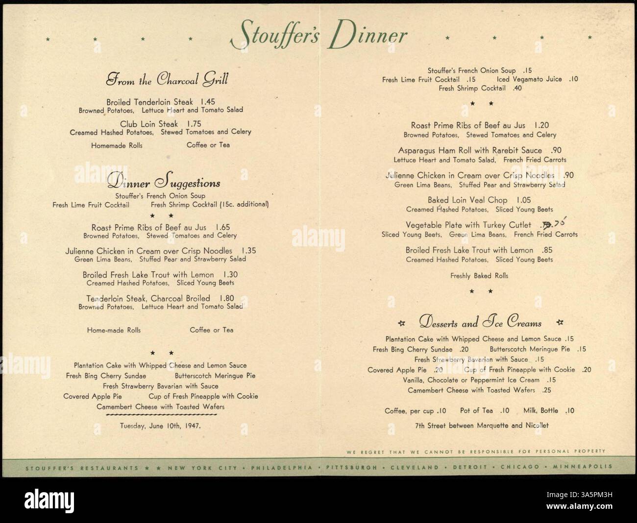 This Stouffer's dinner menu features a bi-fold design on white ...