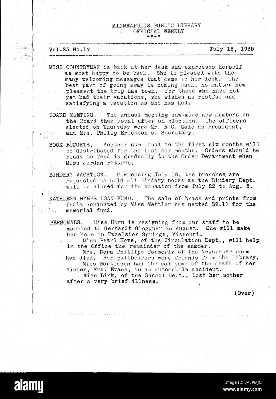 This official 1935 bulletin for employees of the Minneapolis Public ...