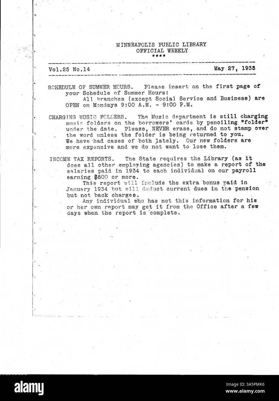 This weekly 1935 bulletin for Minneapolis Public Library staff provides ...