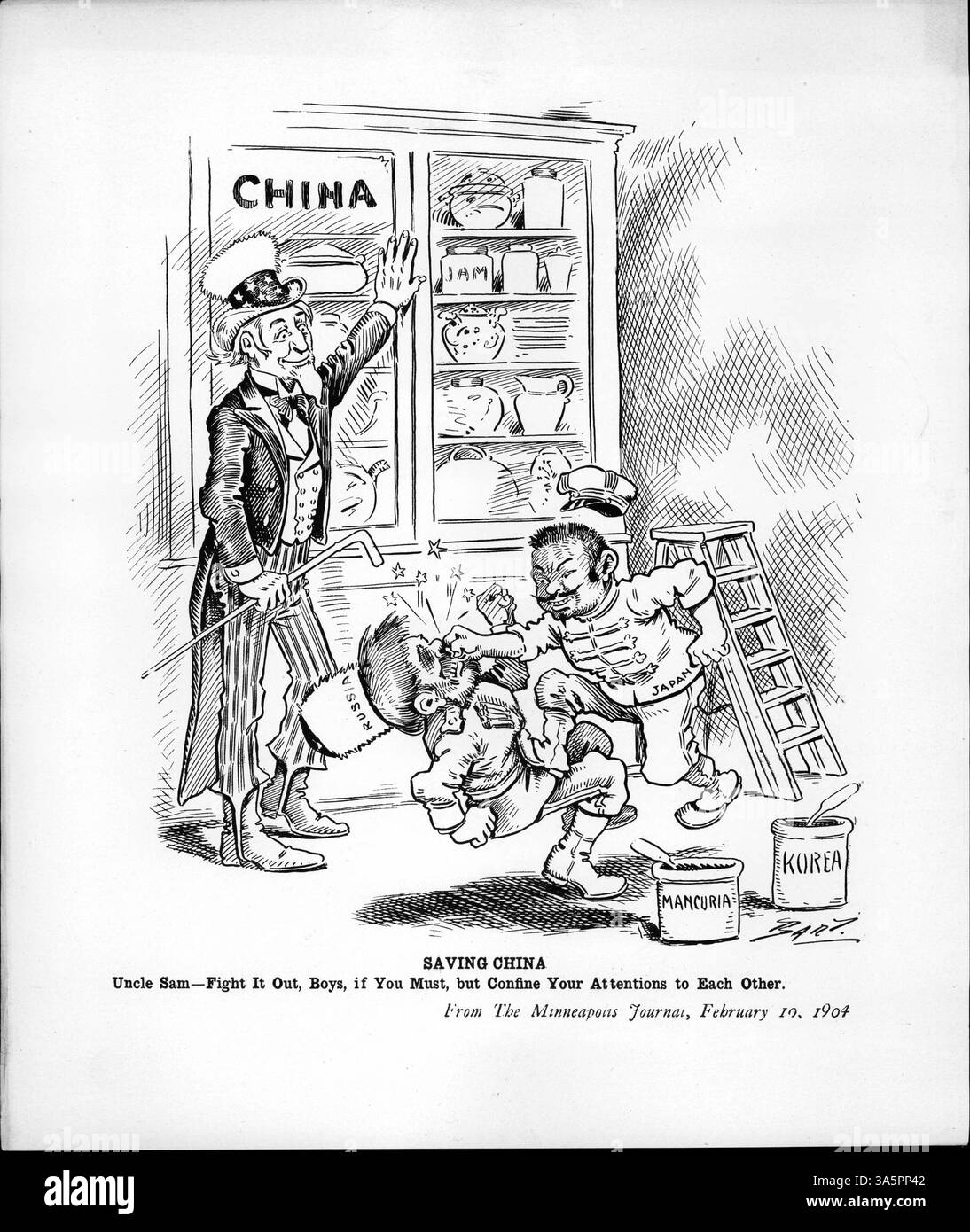 A political cartoon depicting Uncle Sam protecting his China cupboard ...
