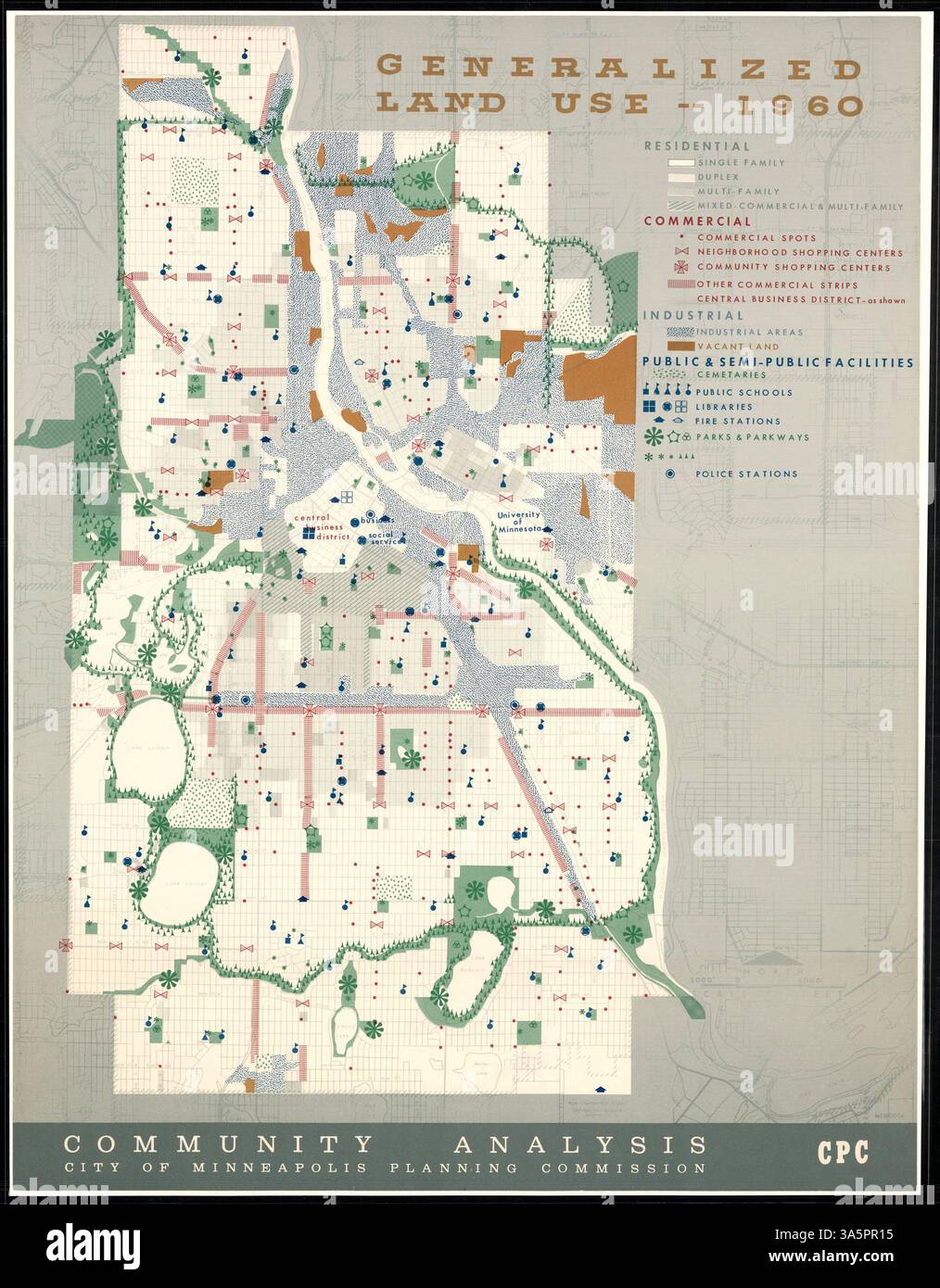 This 1960 map shows generalized land use across minneapolis hi-res ...