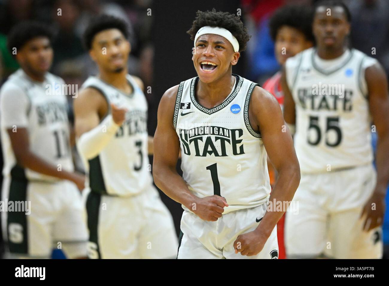 Michigan State guard Jeremy Fears Jr. (1) celebrates during the second ...