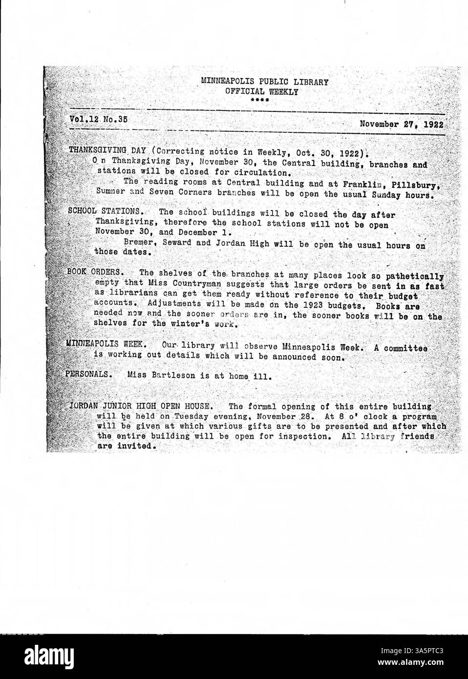 This weekly bulletin from the Minneapolis Public Library in 1922 ...
