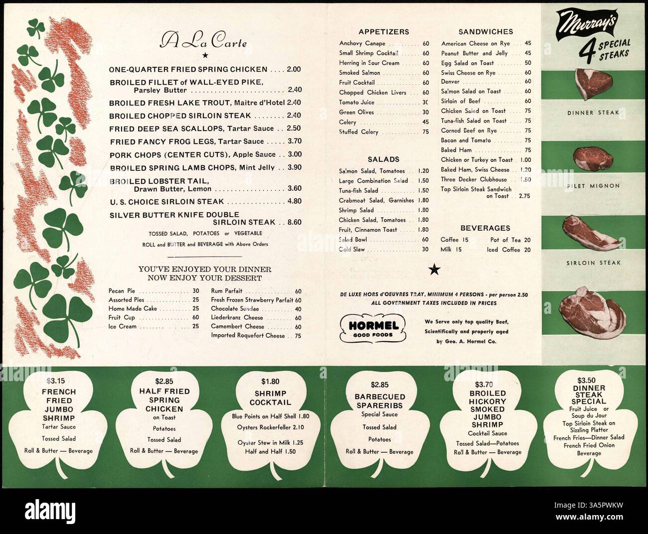 Murray's Menu, featuring a bi-fold design with a colored shamrock motif ...
