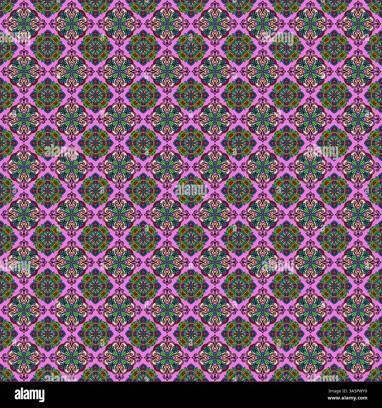 Intricate Pink and Yellow Floral Pattern on Dark Green Background ...