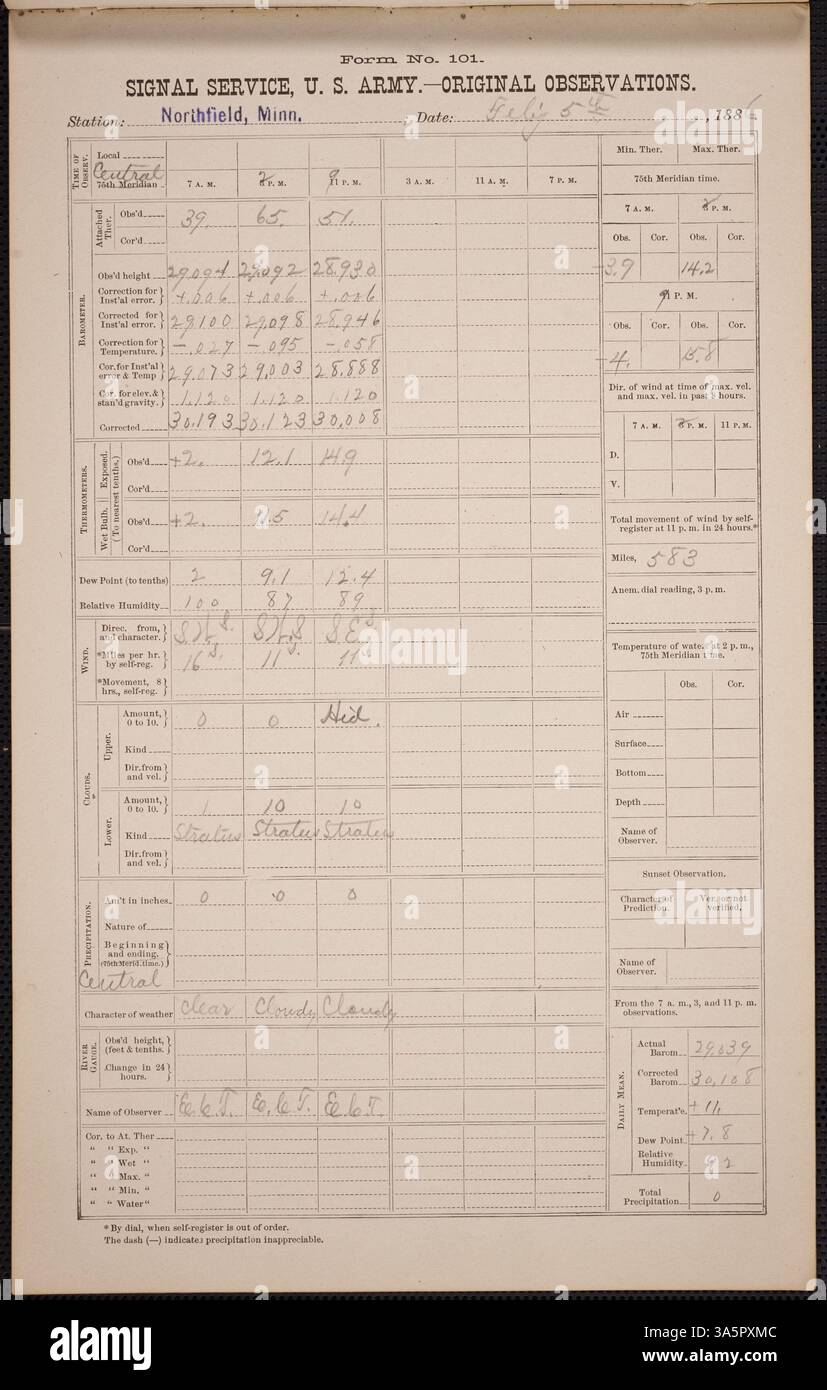 The February 1886 Carleton College weather record documents temperature ...