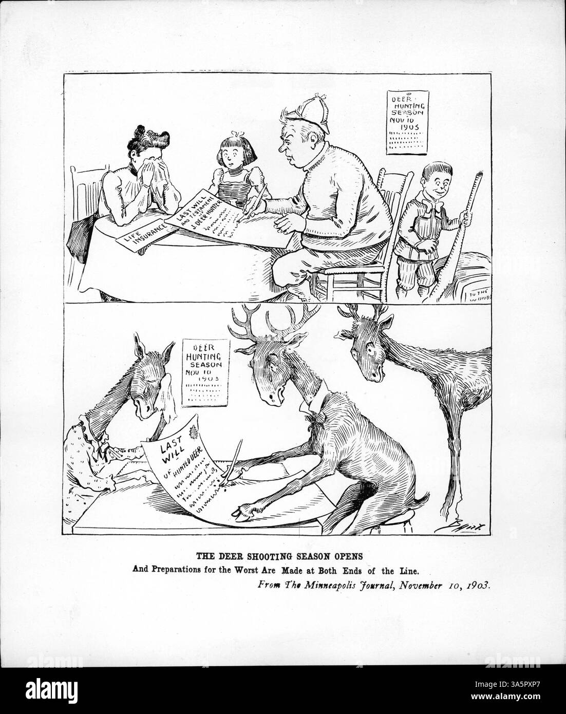 This cartoon illustrates the beginning of deer hunting season in 1903 ...