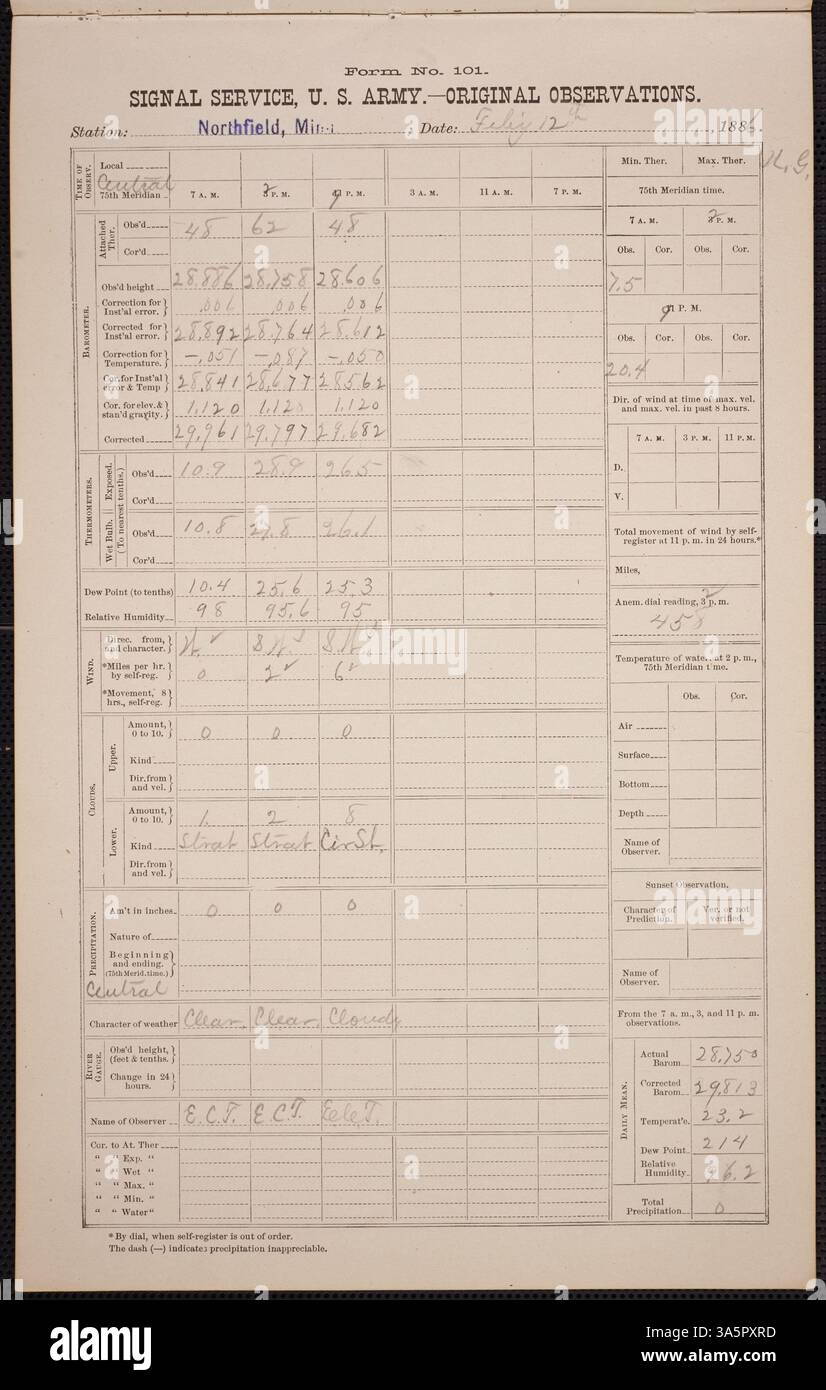 The February 1886 Carleton College meteorological record includes data ...