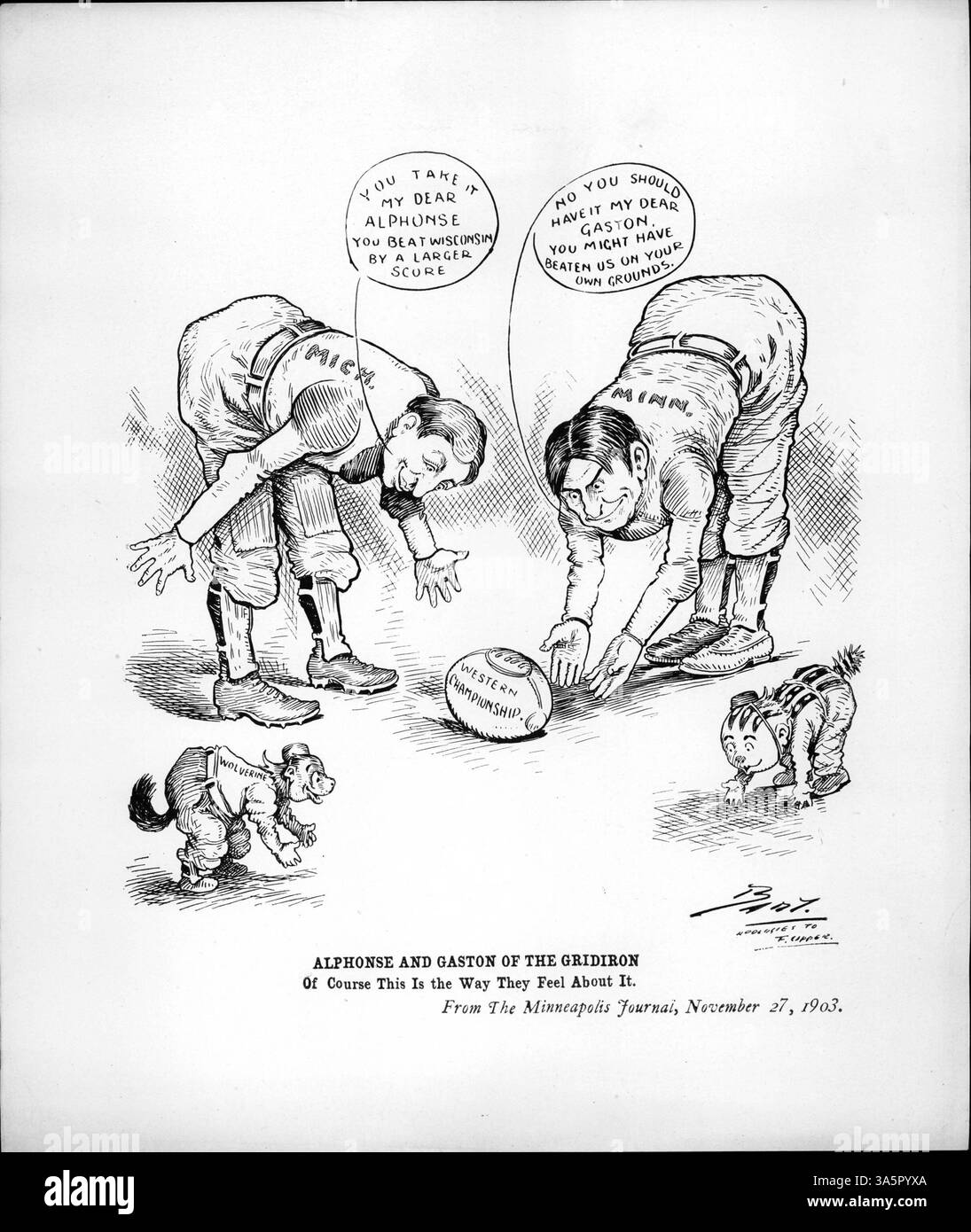 Minnesota and Michigan football teams are depicted humorously, bowing ...