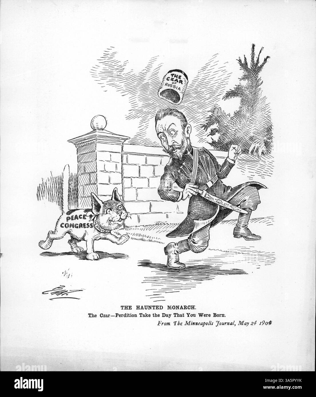 A political cartoon featuring Czar Nicholas being pursued by the Peace ...