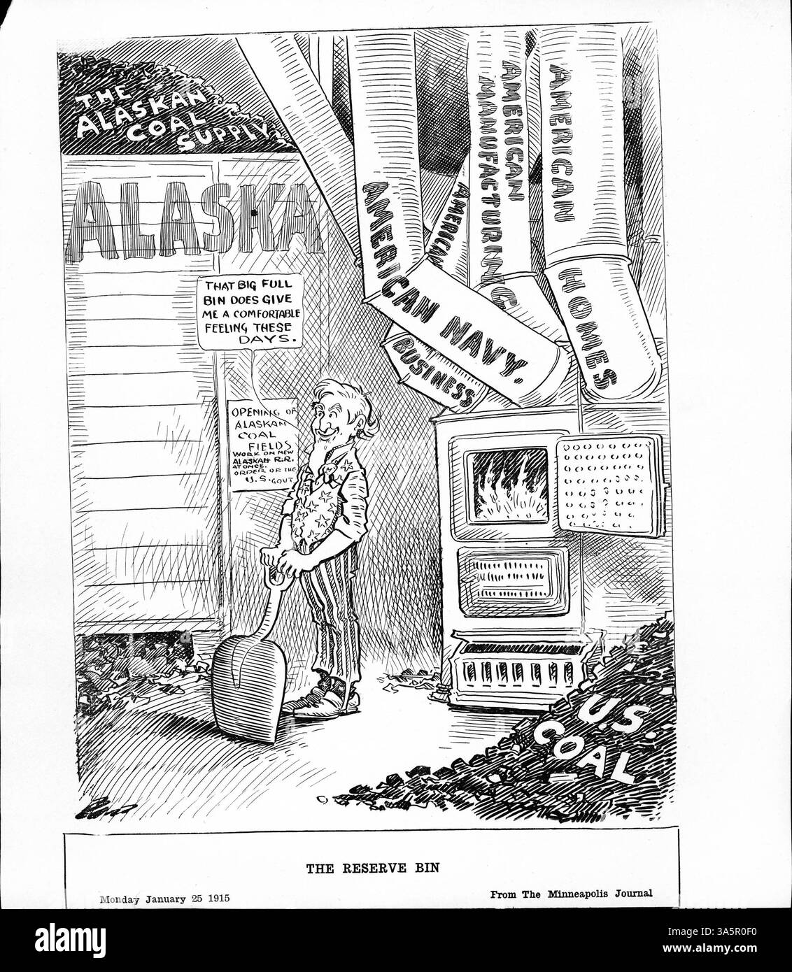 A political cartoon features Uncle Sam standing before a bin labeled ...