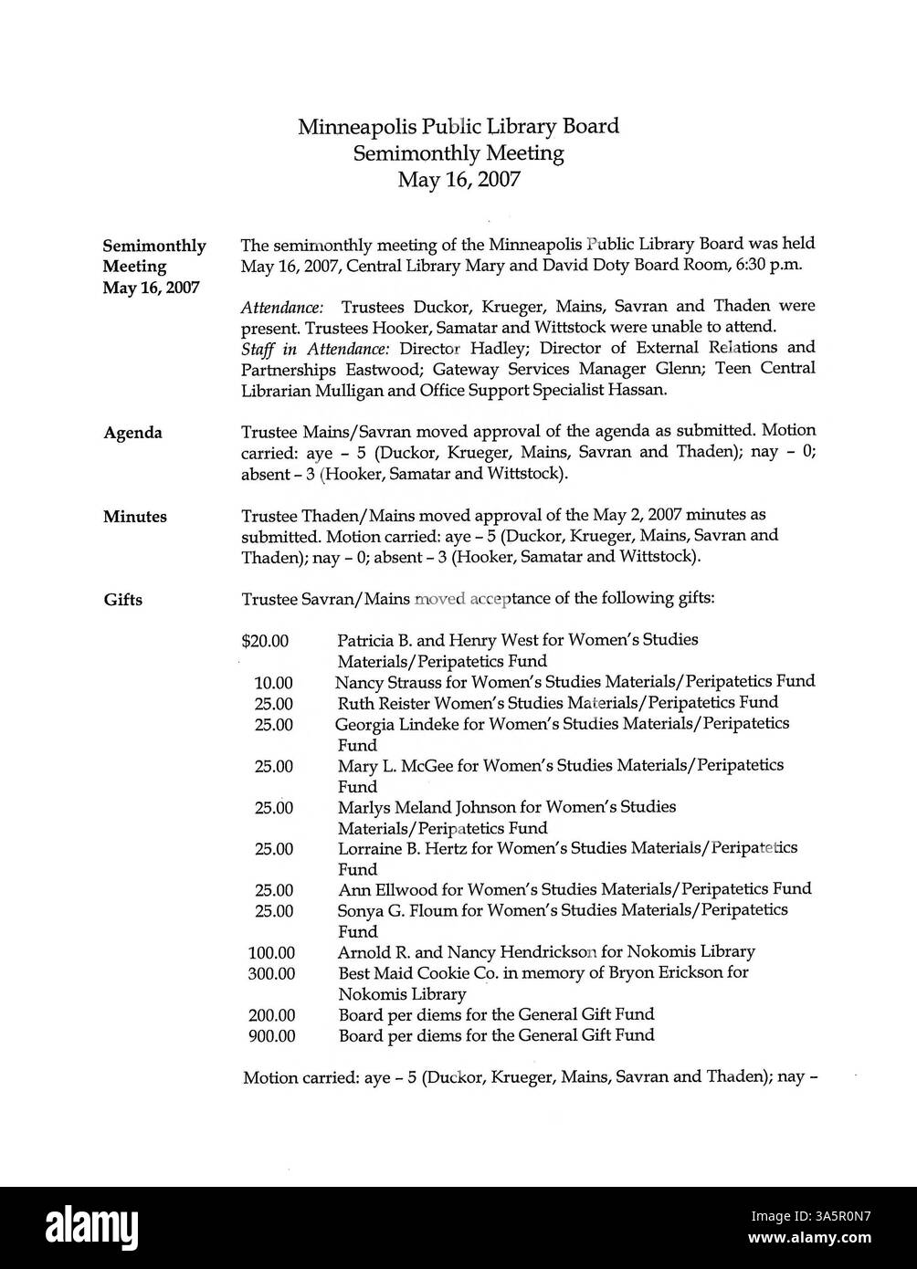The 2007 meeting minutes from the Minneapolis Public Library Board of ...