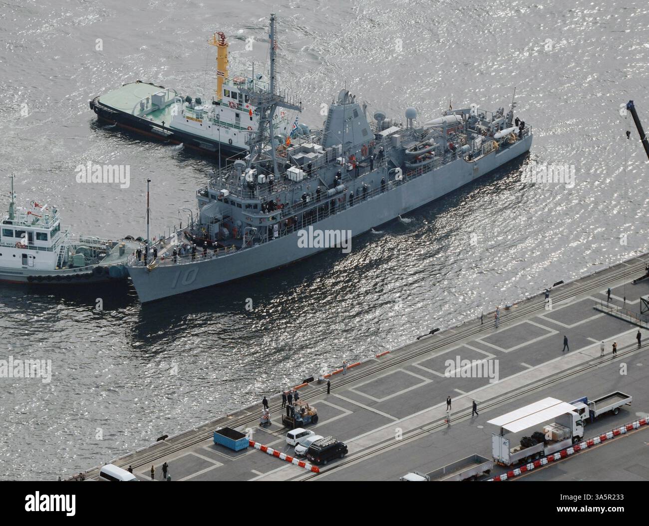 An aerial photo shows USS Warrior (MCM-10) , a mine countermeasures ...