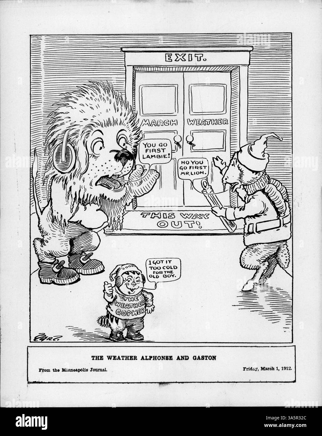 In a humorous illustration, a lion and a lamb debate who should walk ...