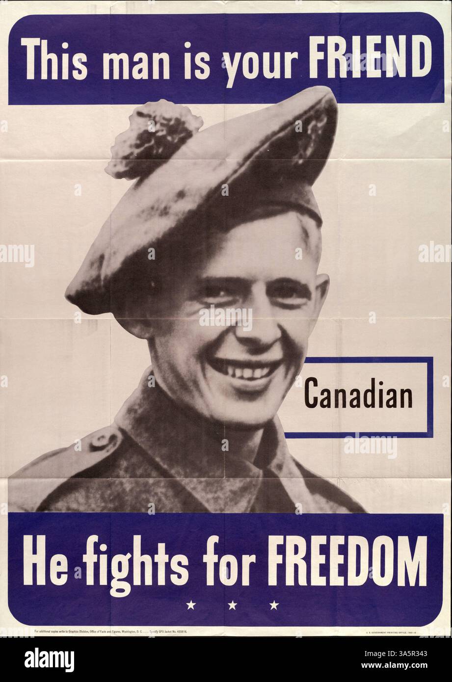 This 1942 poster features a smiling Canadian soldier in a 'tam' beret ...