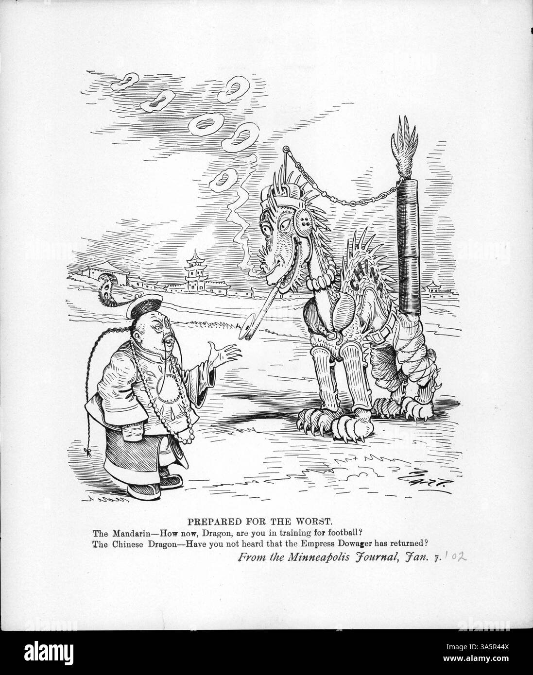 A dragon in armor, standing alongside a Mandarin, references the return ...