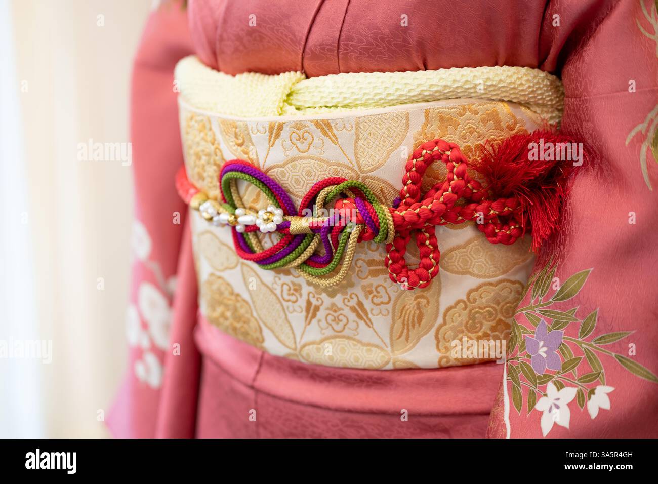 Elegant Pink Traditional Japanese Kimono Furisode with Intricate Obi ...