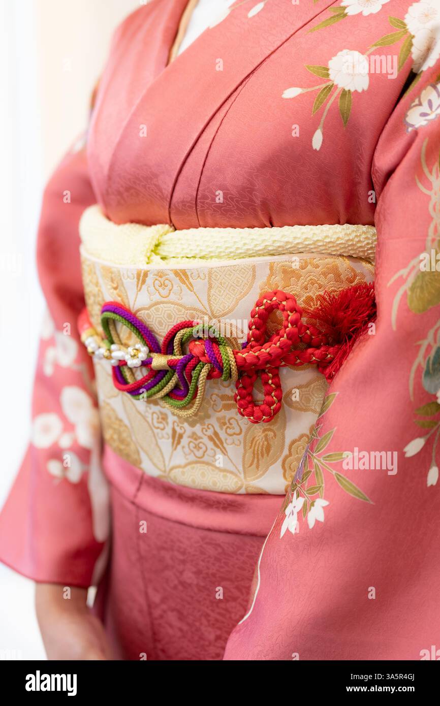 Elegant Pink Traditional Japanese Kimono Furisode with Intricate Obi ...
