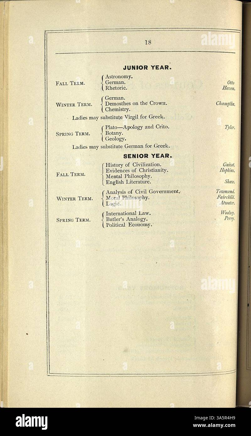 The carleton college 1873 1874 catalog details the courses hi-res stock ...