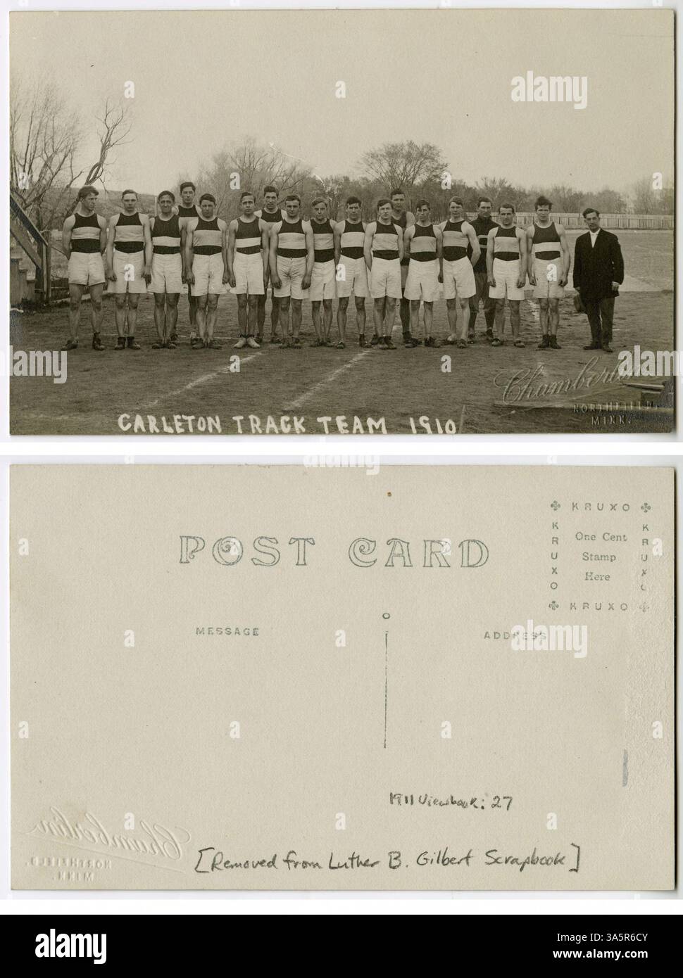 Members of the Carleton College track team pose on the track in 1910 ...