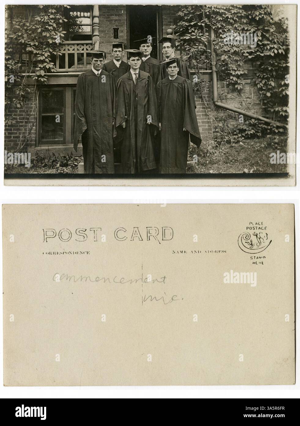 Six men in caps and gowns pose for a photograph in front of a Carleton ...