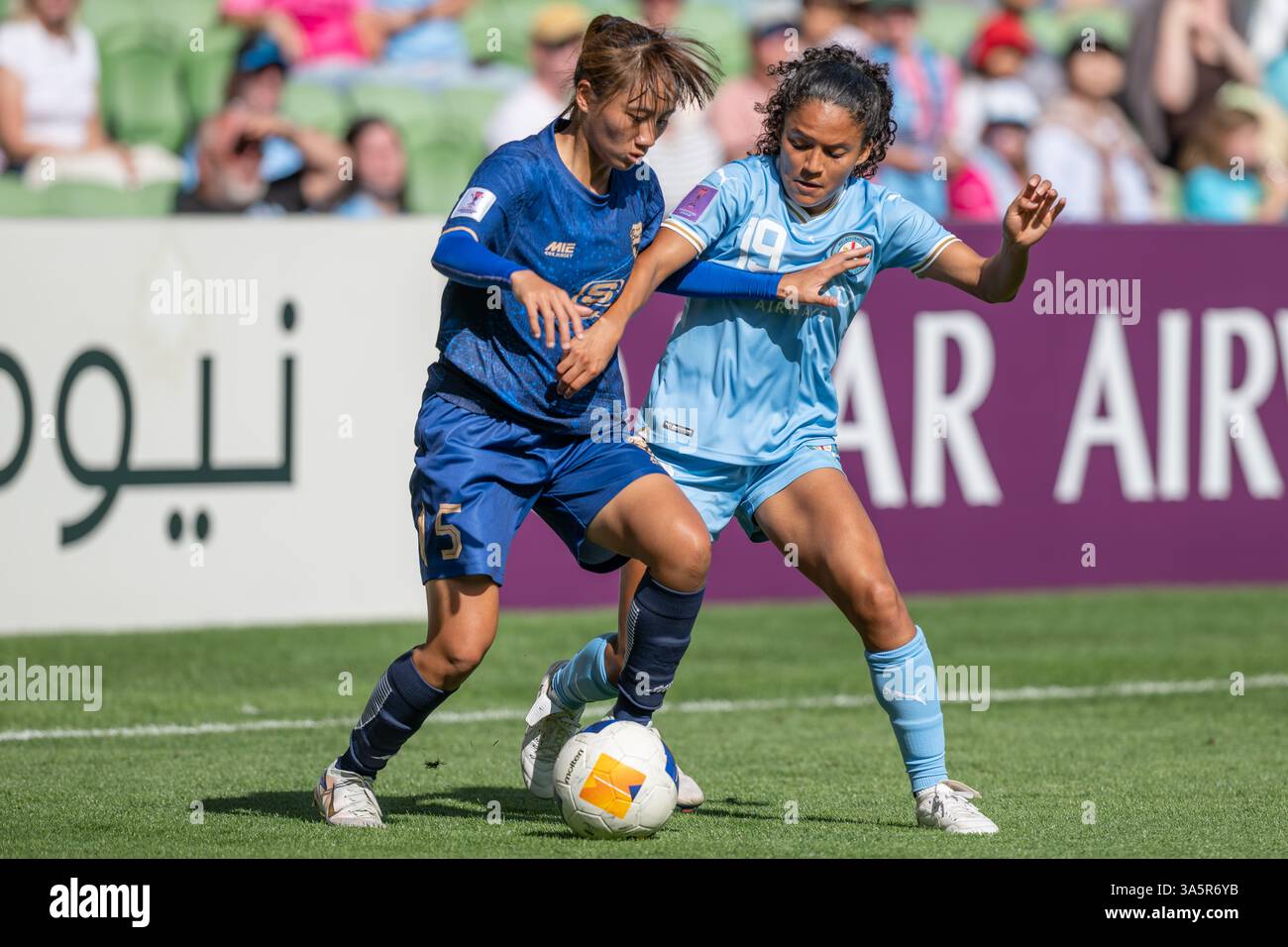 Lourdes Bosch (R) of Melbourne City and Huang Ke-sin (L) of Taichung ...