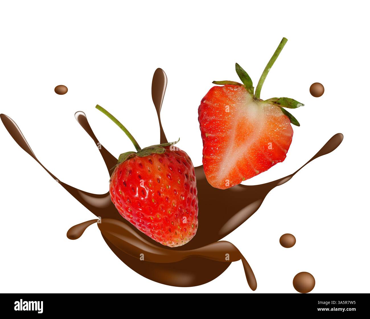 Red berry strawberries fruit interacting with dark chocolate splashing ...