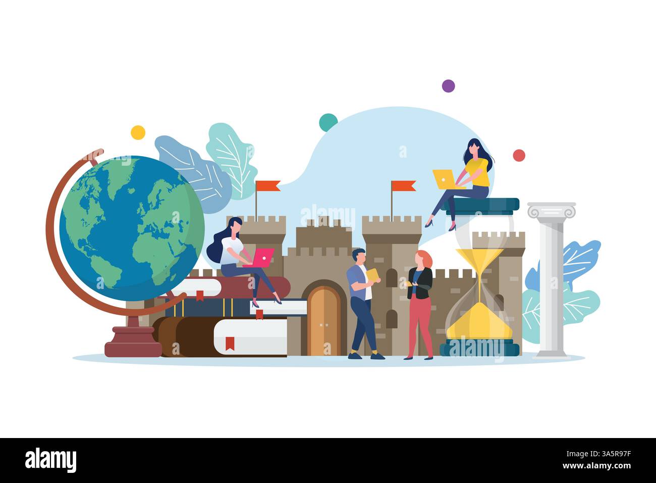 History class with miniature people. Studying of the past and ancient ...