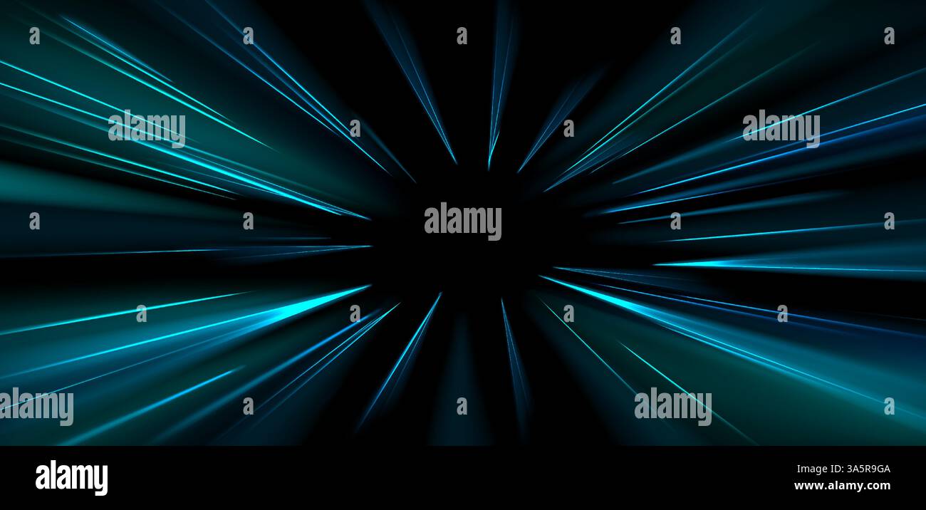 Speed lines burst from center, glowing neon blue streaks zoom out with dynamic motion ...