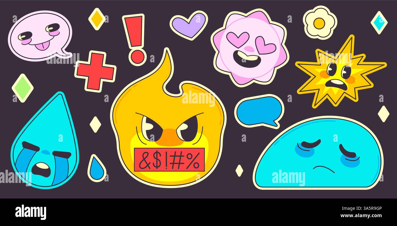 Quirky retro stickers vector set in y2k style - shapes and emoticons ...