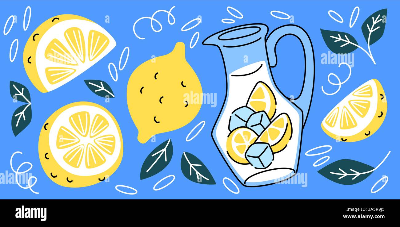 Lemons and lemonade jug pattern on blue background. Flat vector ...