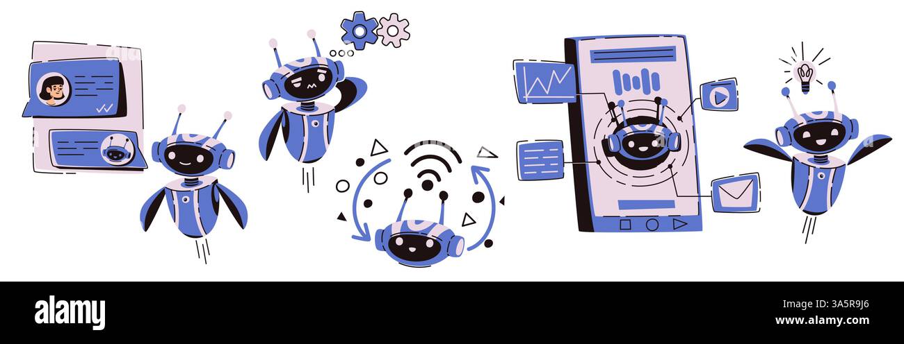 Cute chatbot AI characters set performing various actions - analyzing ...