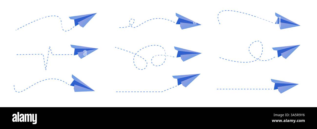 Blue paper plane arrows and dotted line paths on white background ...