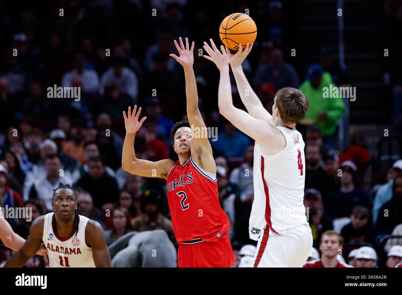 March 23, 2025: St. Mary's guard Jordan Ross (2) attempts to block a shot against Alabama ...