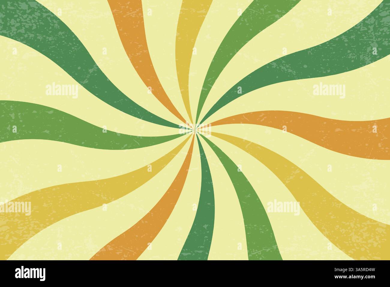 Retro vector background. Spiral sunburst pattern with wavy stripes in green yellow and orange ...