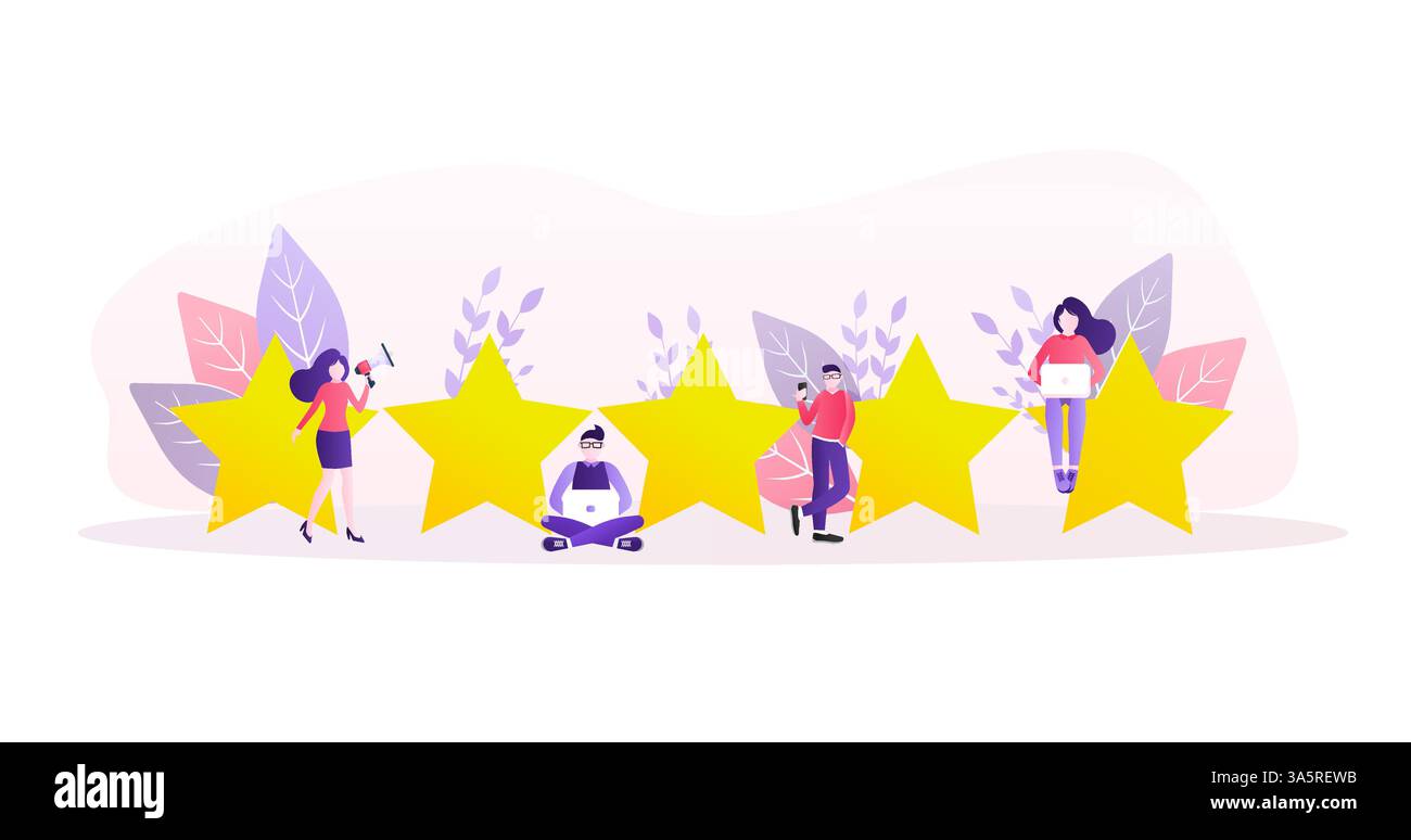 Flat illustration with golden rating people. Rating people in flat ...