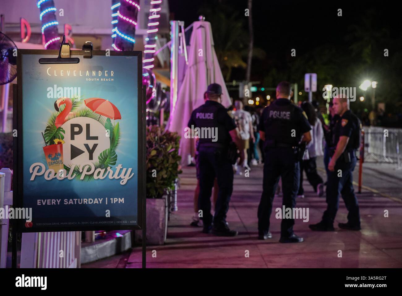 Miami Beach, Fl, USA. 22nd Mar, 2025. Cleveland Pool Party sign and ...