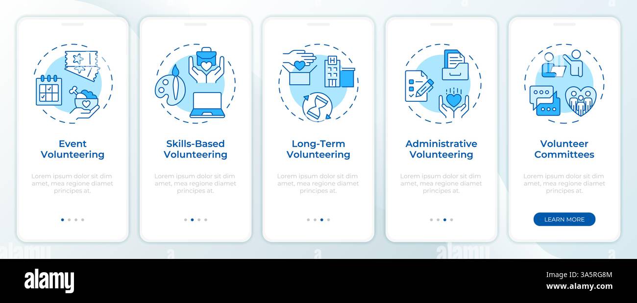 Types of volunteering blue onboarding mobile app screen Stock Vector ...