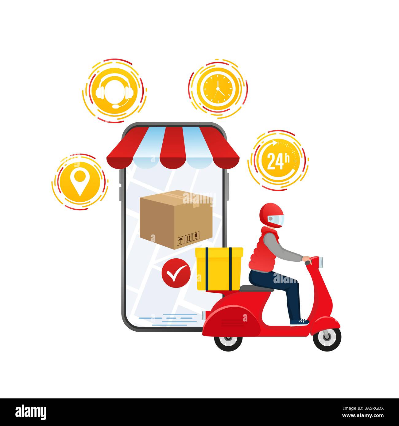 Flat infographic with red online delivery for mobile app design. Food ...