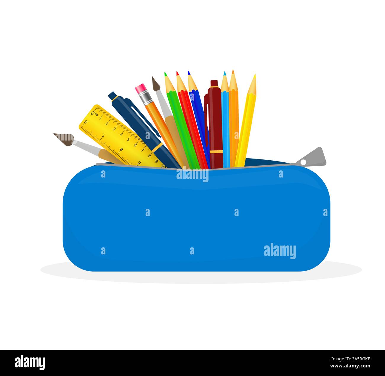 Colorful pencil case on white background. School supplies cartoon ...
